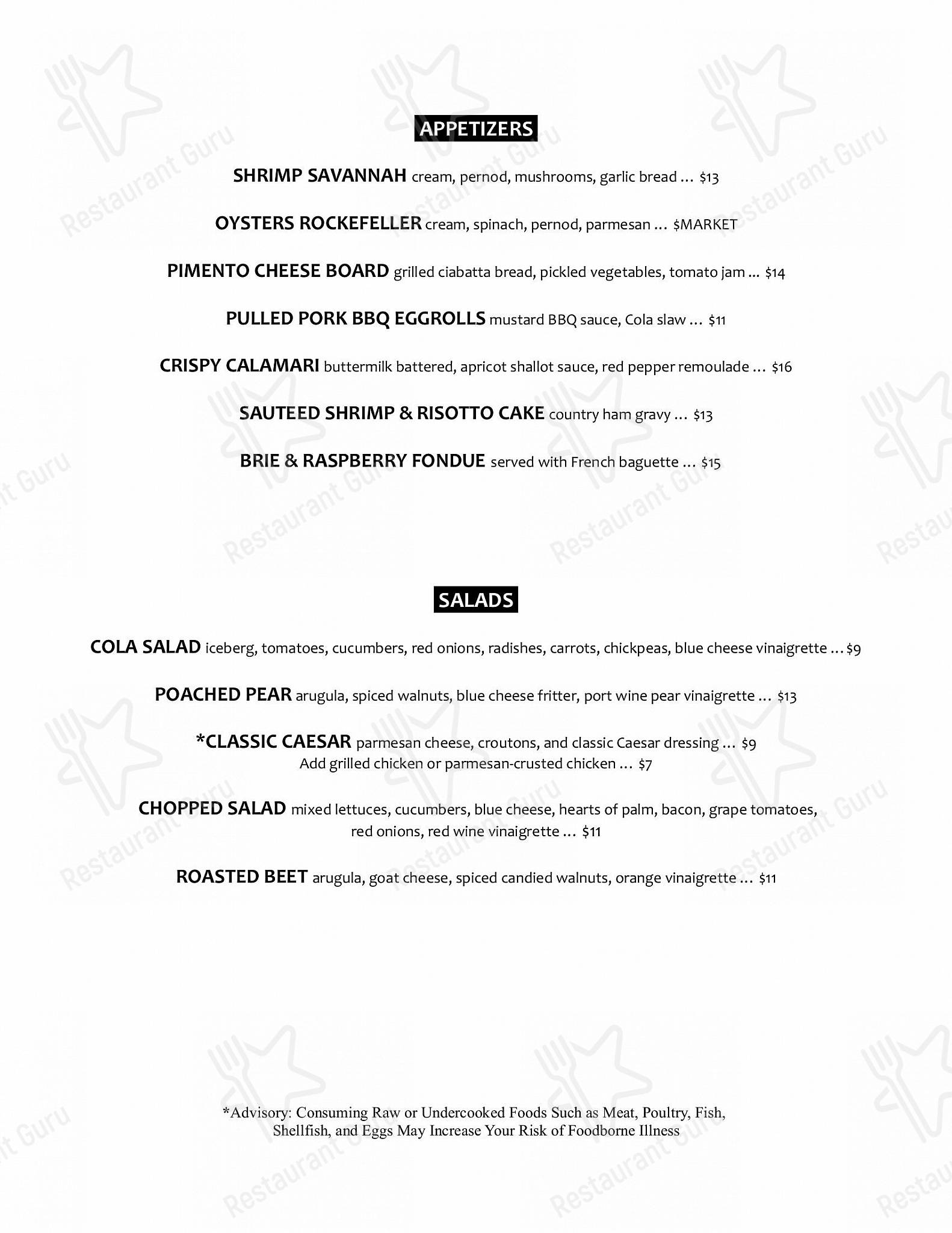 Menu at Cola's Restaurant, Columbia