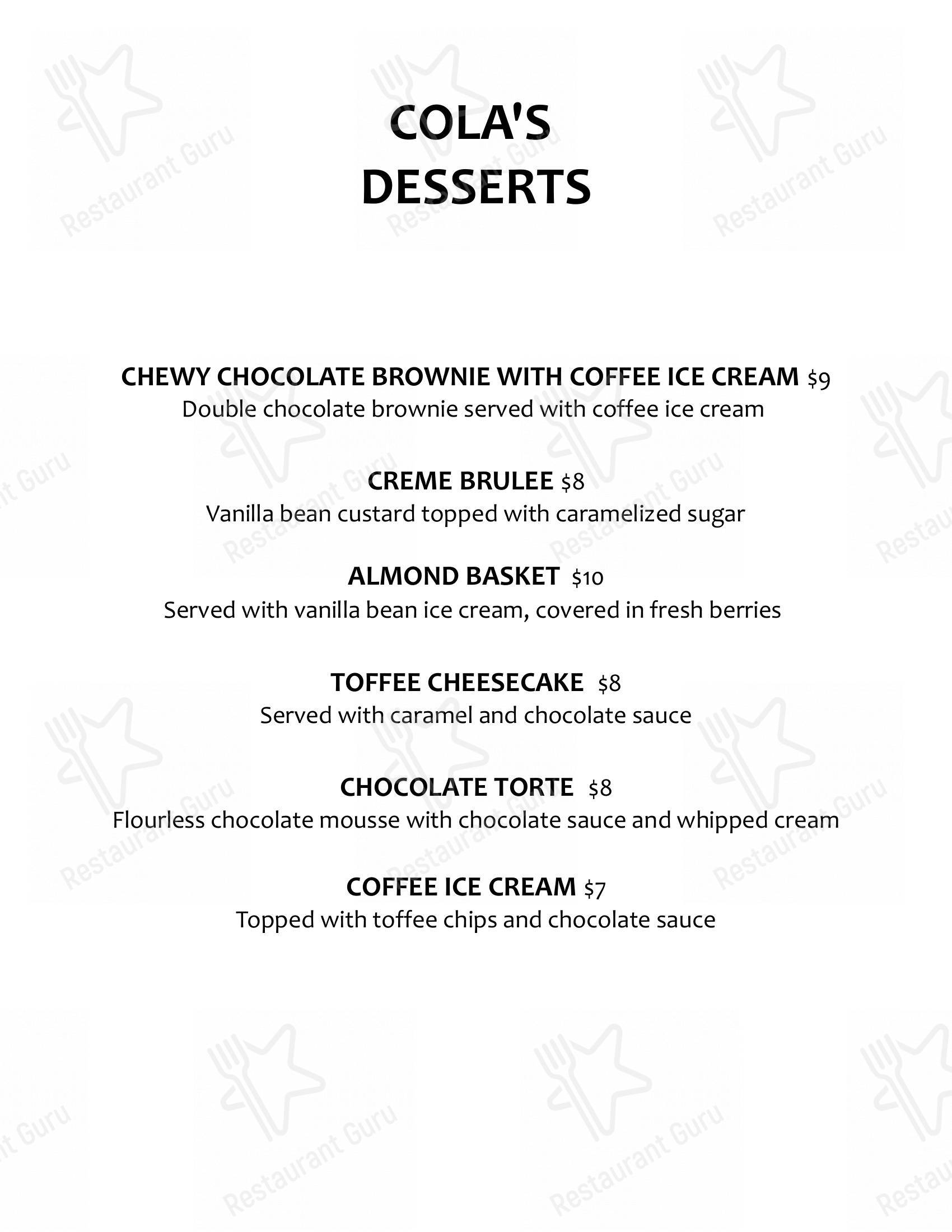 Menu at Cola's Restaurant, Columbia