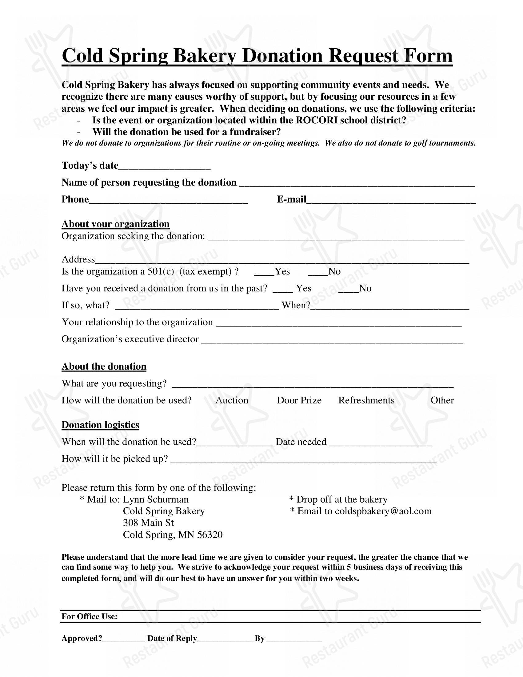 Menu at Cold Spring Bakery, Cold Spring