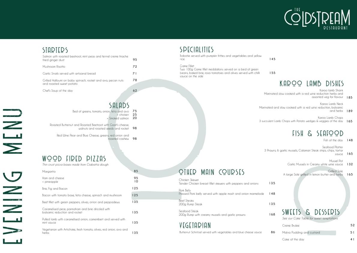 Menu at Coldstream Restaurant Graaff-Reinet, Graaff-Reinet