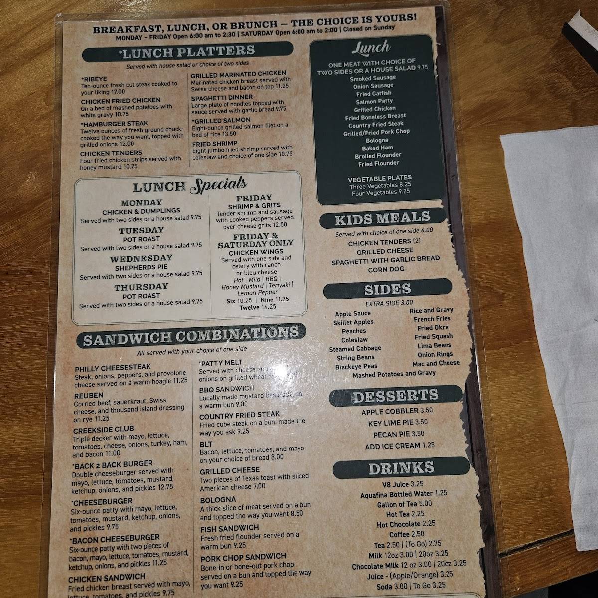 Menu at Creekside Restaurant, Lexington