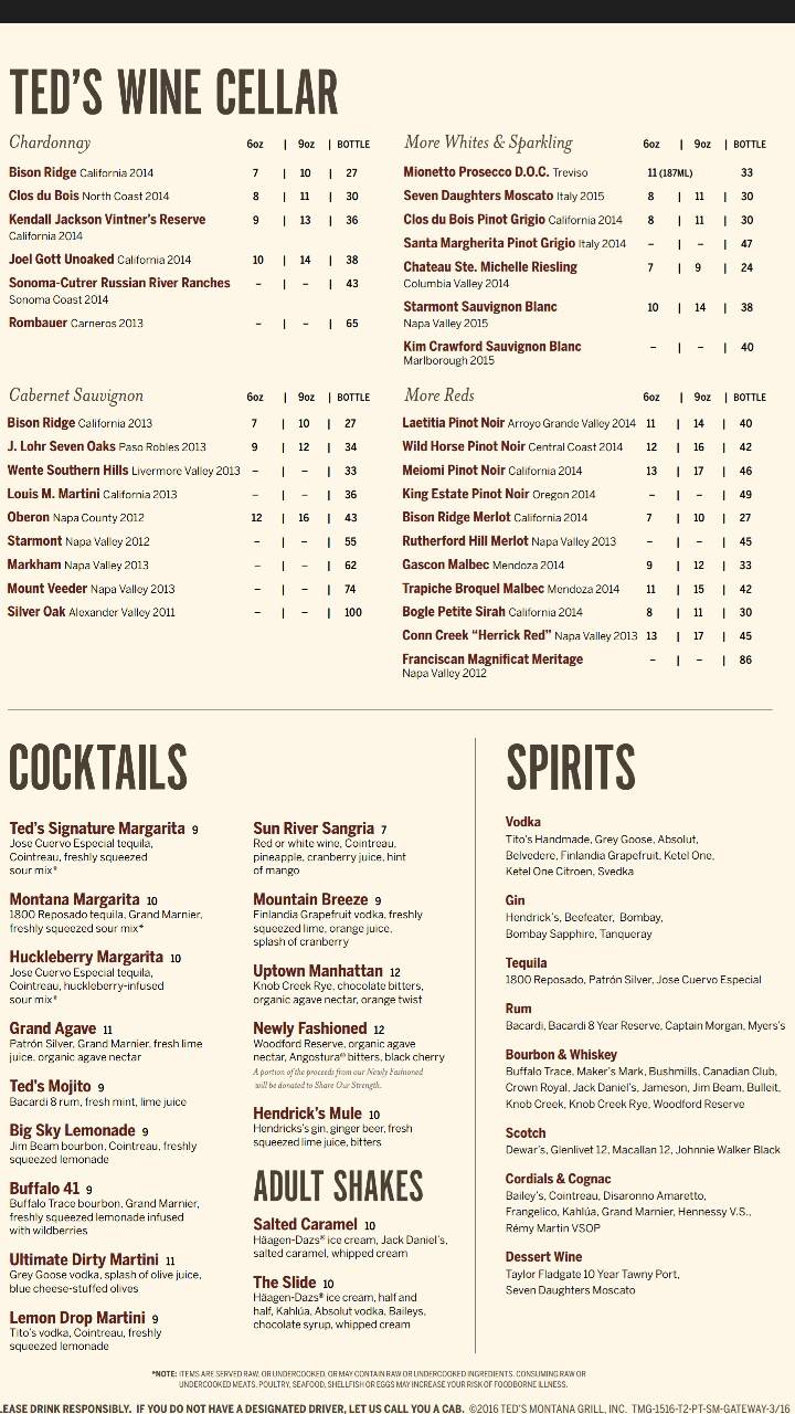Menu at Ted's Montana Grill steakhouse, Columbus, Easton Gateway 4169