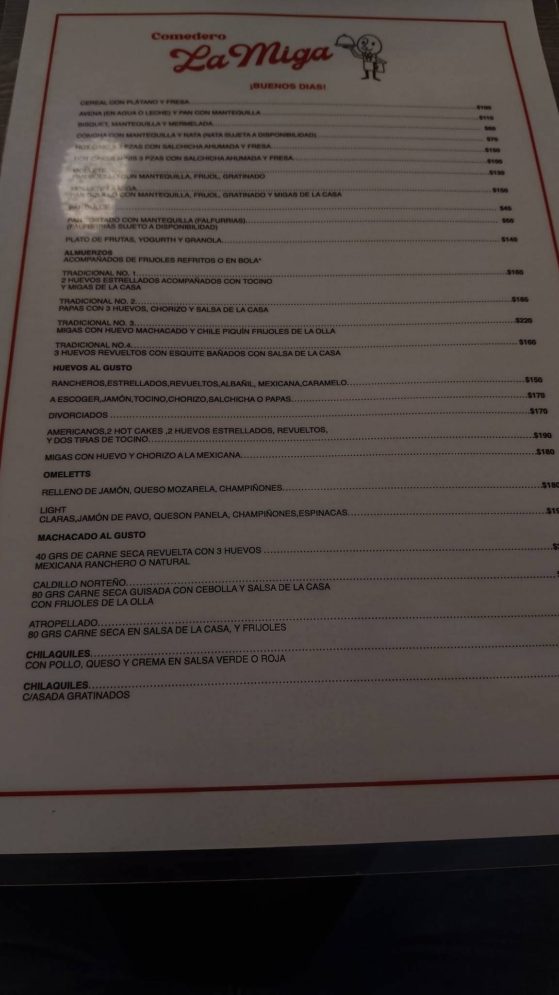 Carta del restaurante Comedero La Miga, Monterrey