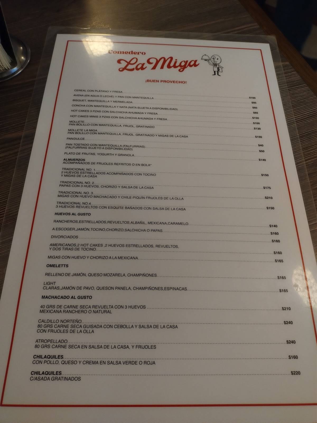 Carta del restaurante Comedero La Miga, Monterrey