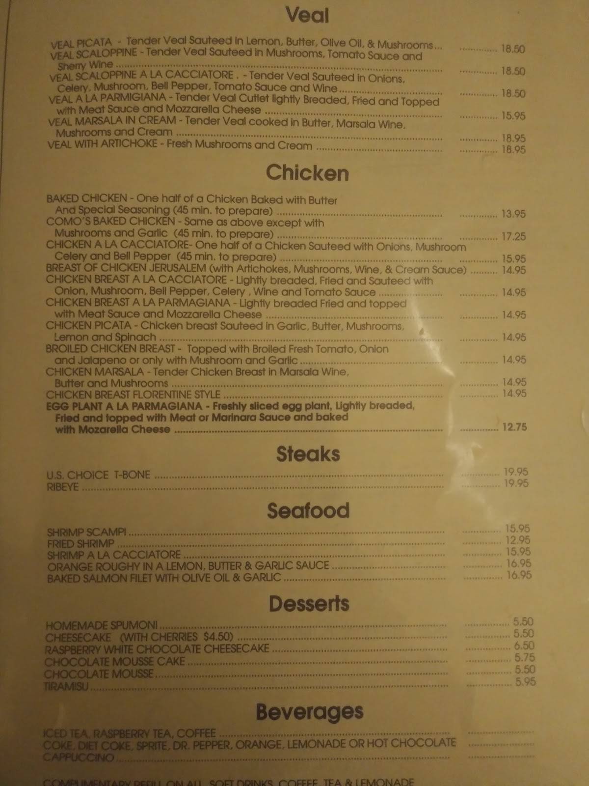 Menu at Como's Italian Restaurant, El Paso