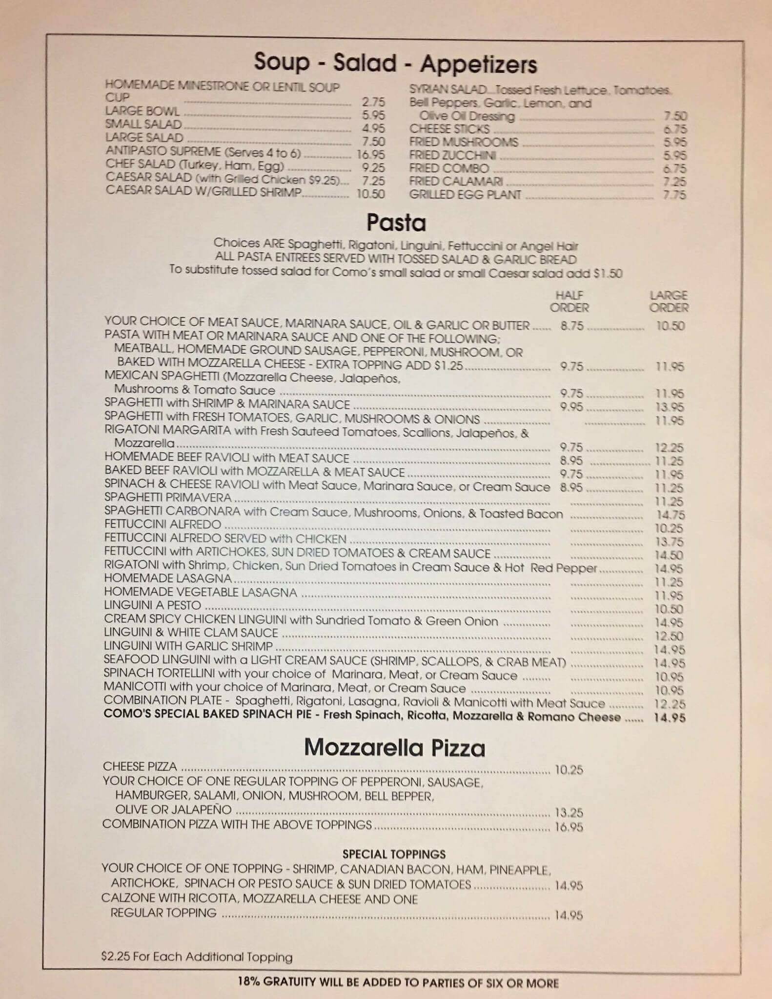 Menu at Como's Italian Restaurant, El Paso