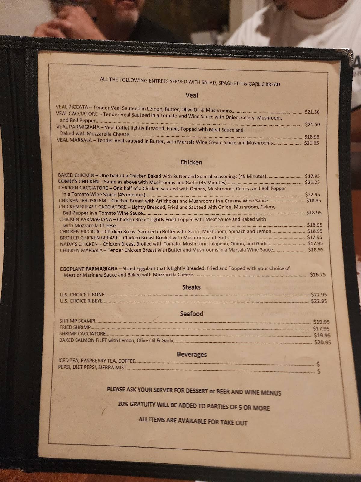 Menu at Como's Italian Restaurant, El Paso
