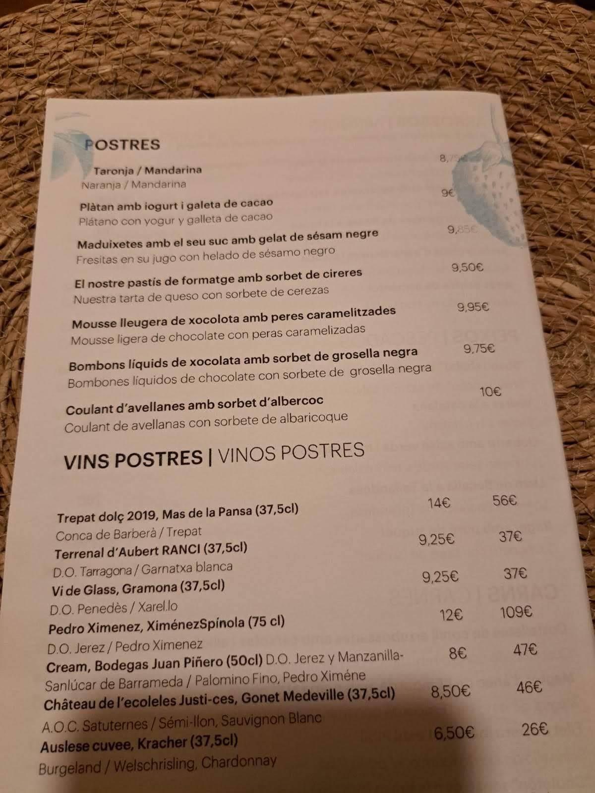 Menu at Compartir restaurant, Cadaqués, Riera de Sant Vicenç