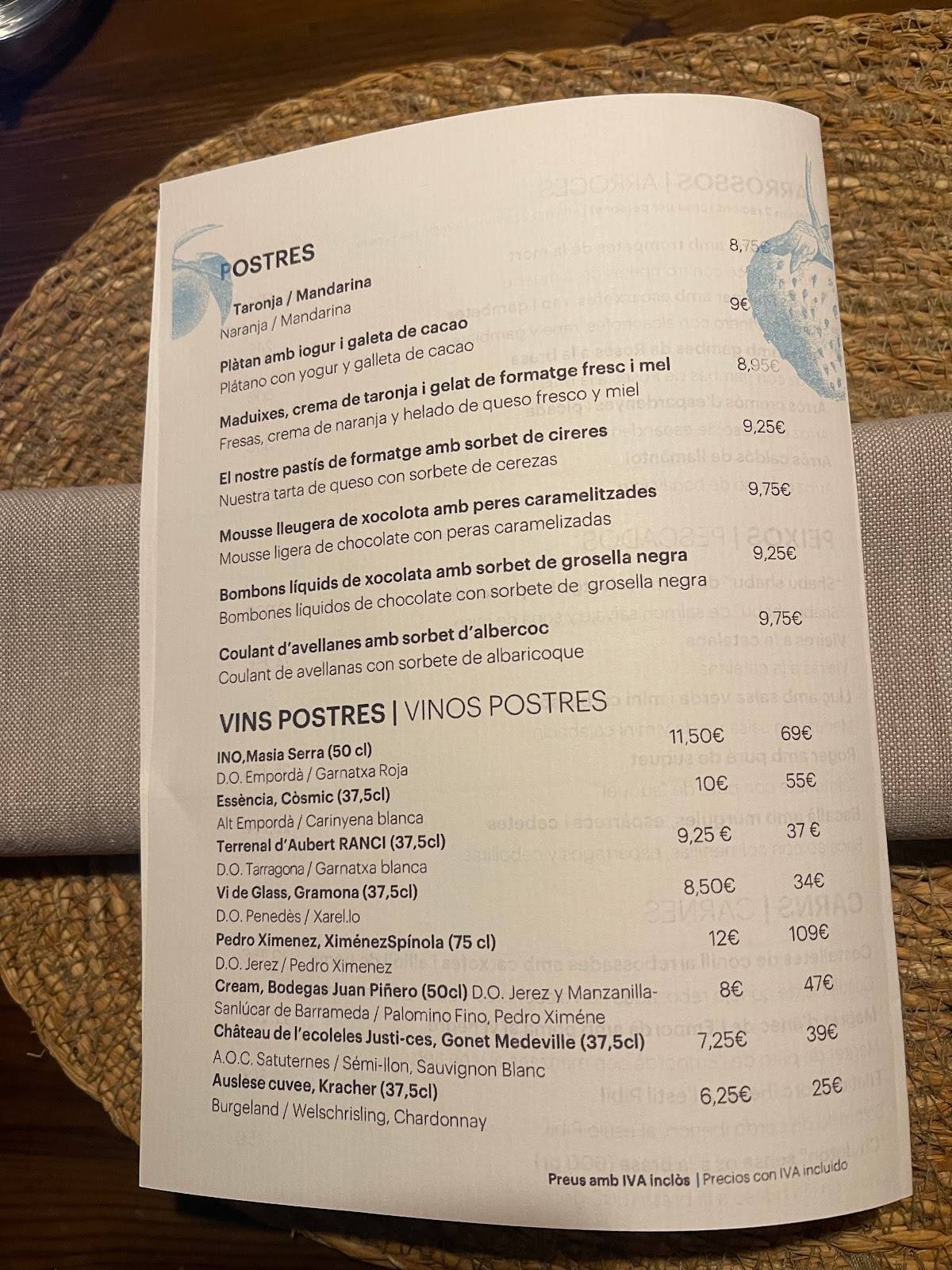 Menu at Compartir restaurant, Cadaqués, Riera de Sant Vicenç