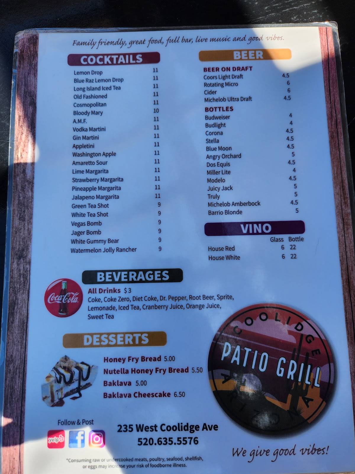 Menu at Coolidge Patio Grill (Pita Patio) restaurant, Coolidge