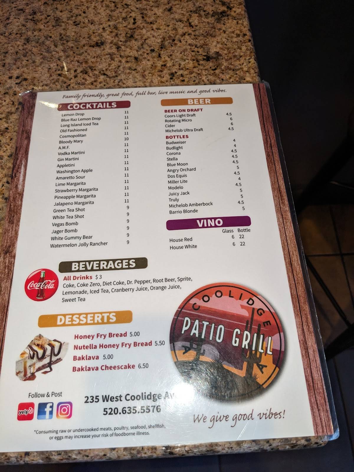 Menu at Coolidge Patio Grill (Pita Patio) restaurant, Coolidge