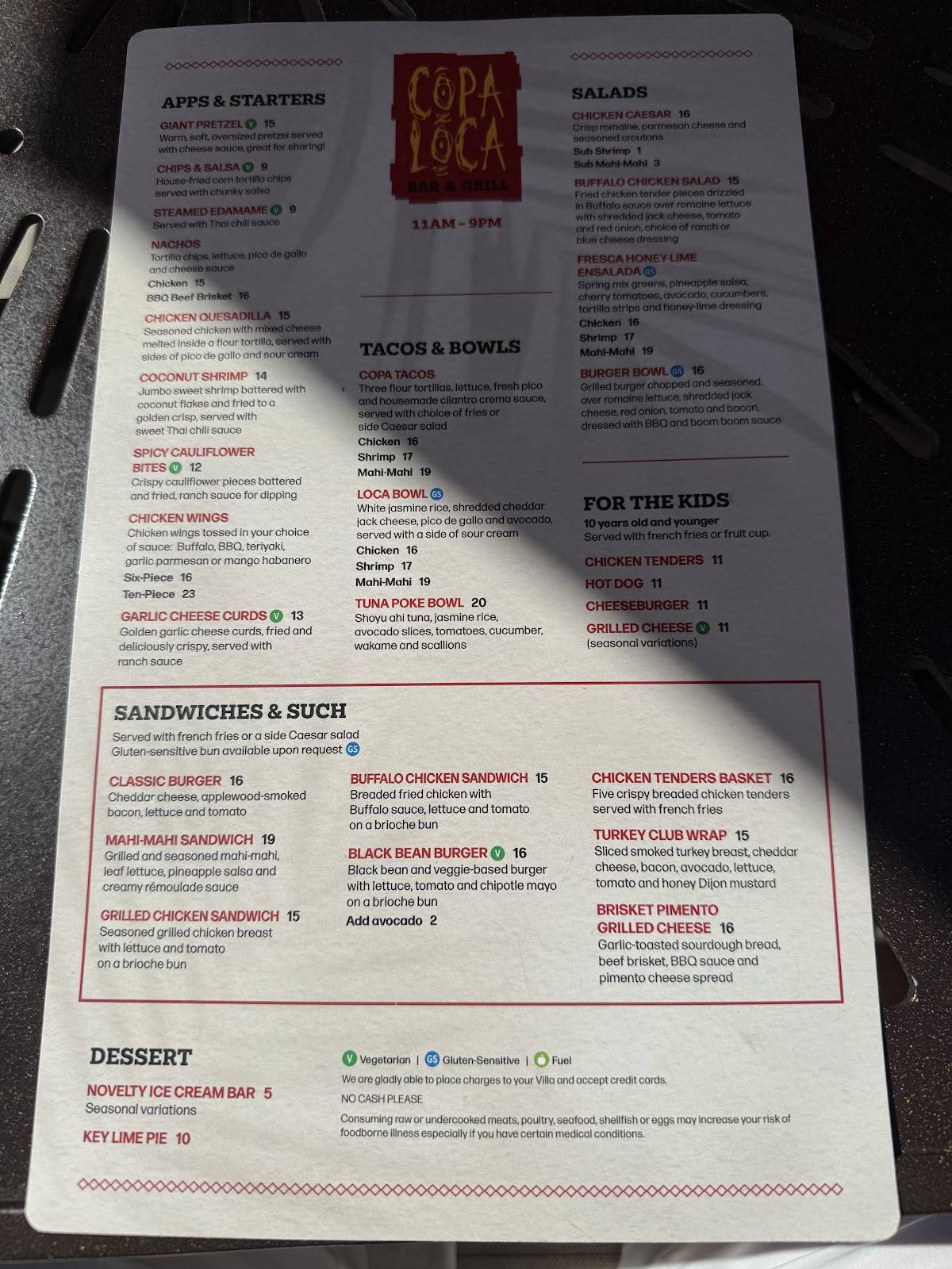 Menu at Copa Loca Bar & Grill, Orlando