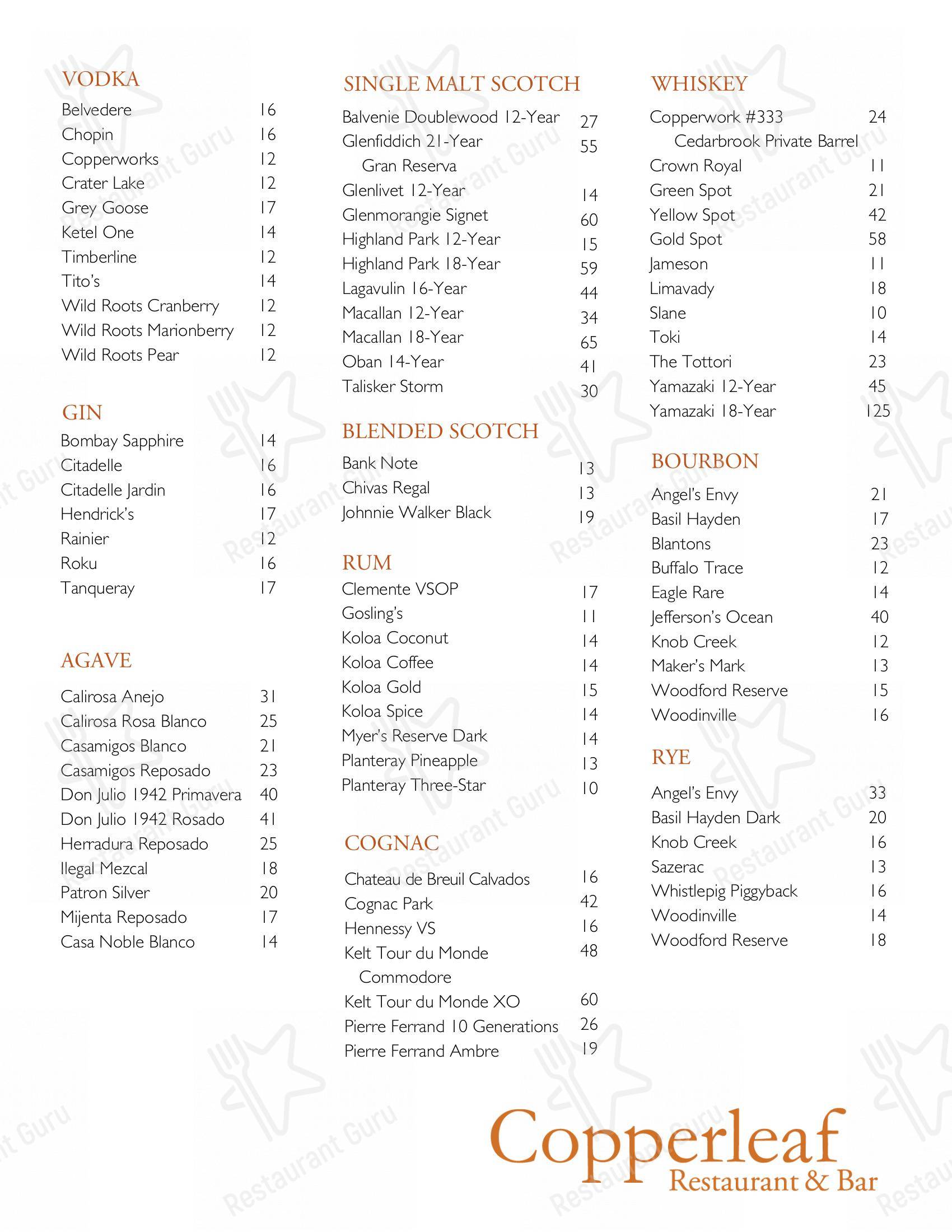 Menu at Copperleaf Restaurant & Bar, SeaTac