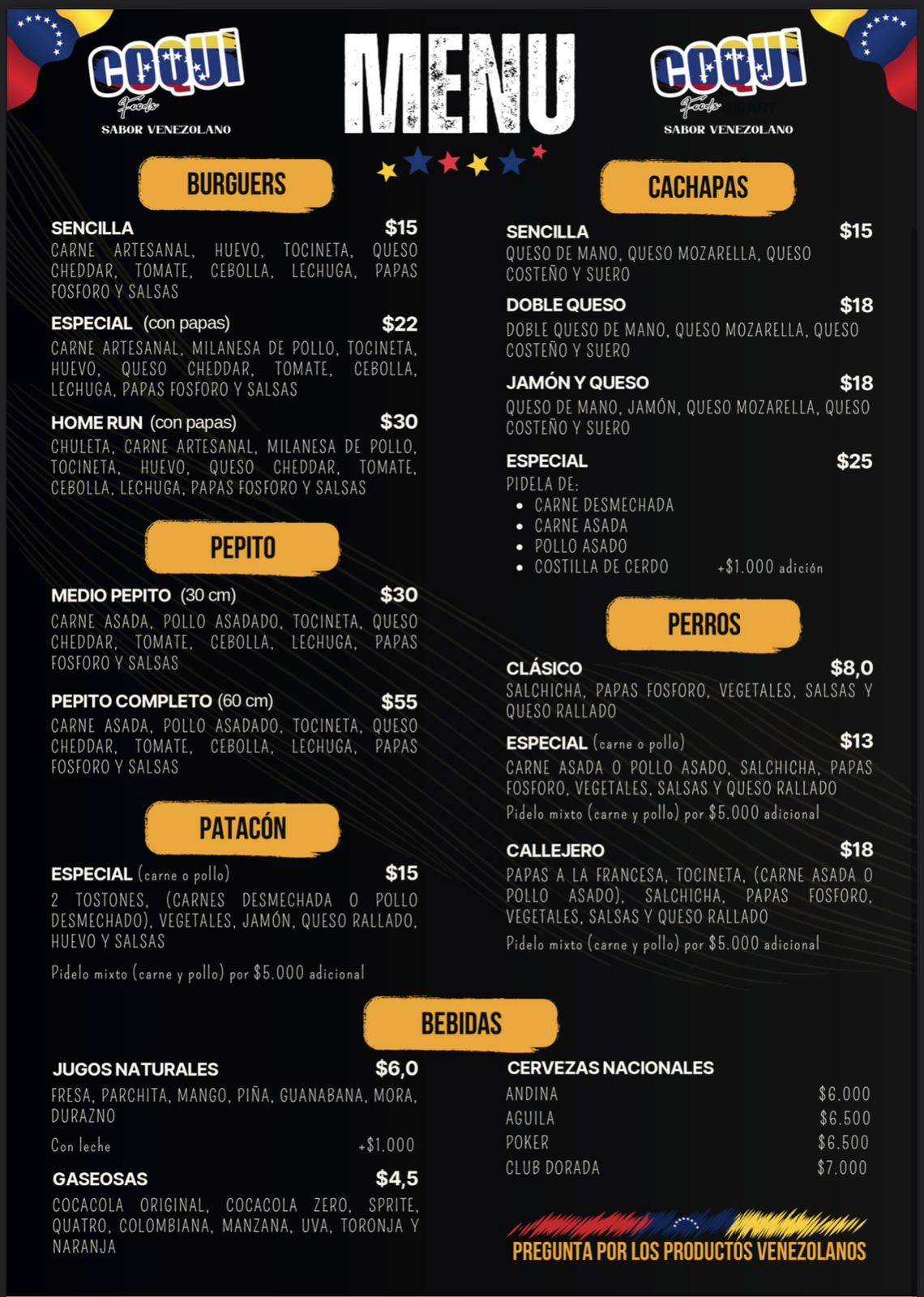 Carta del restaurante Coqui Foods, Bogotá