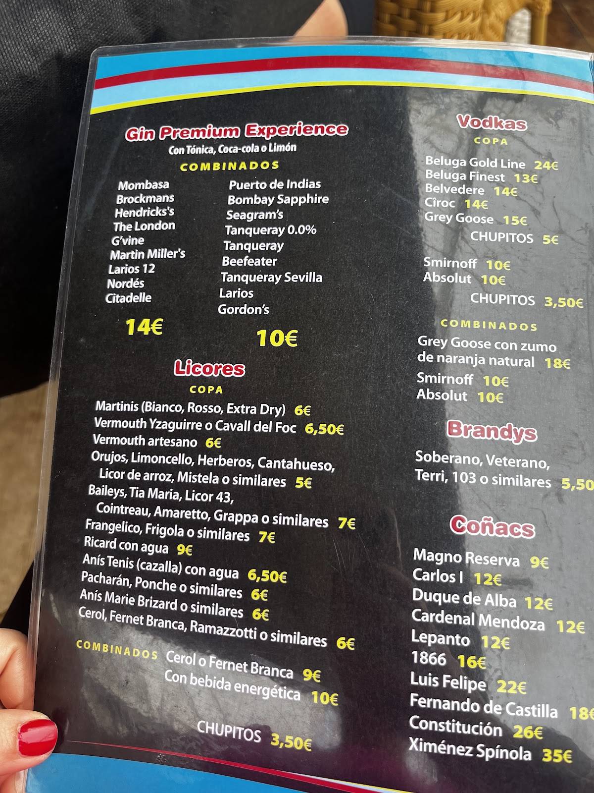 Menu at Coral Beach restaurant, Calp, Avinguda de la Marina