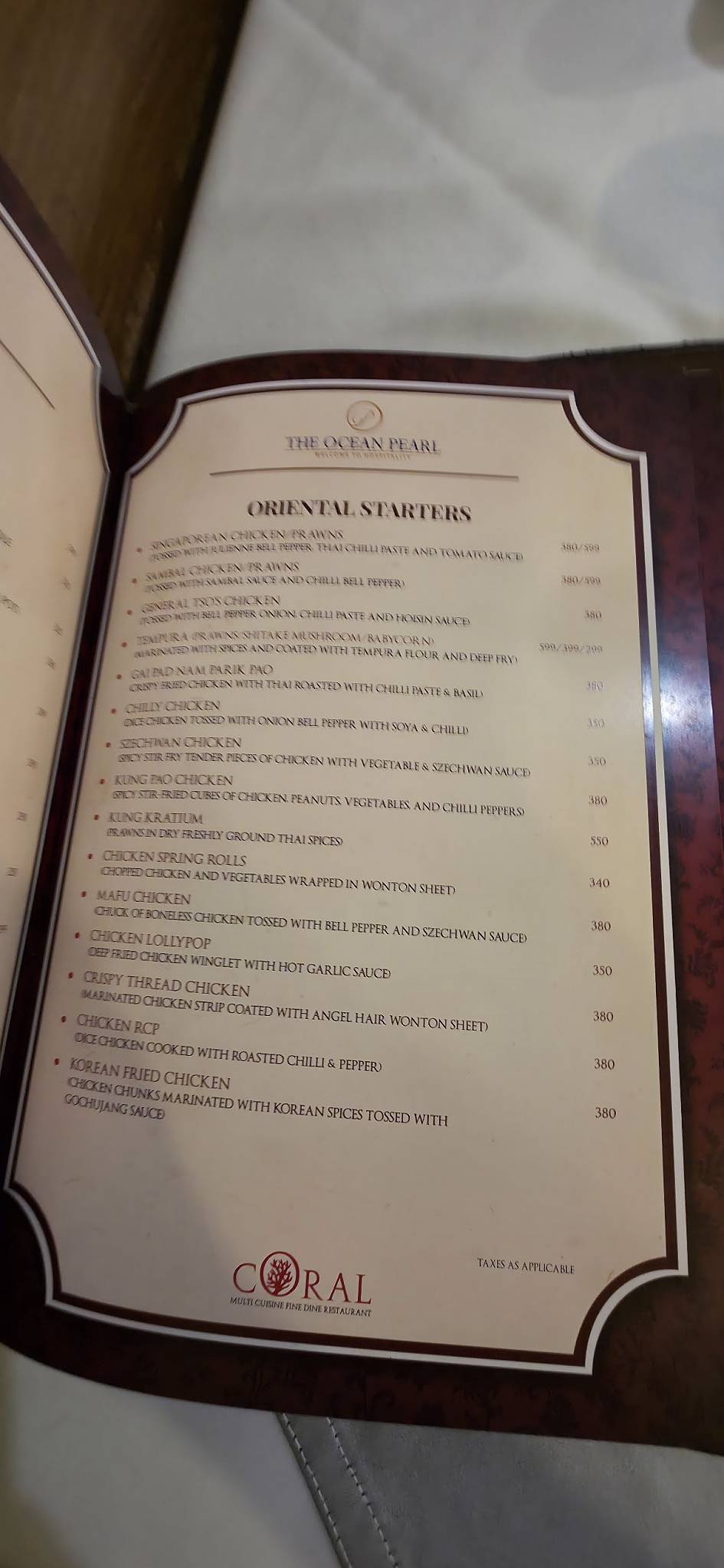 Menu at Coral, Mangaluru, VRGR+45H