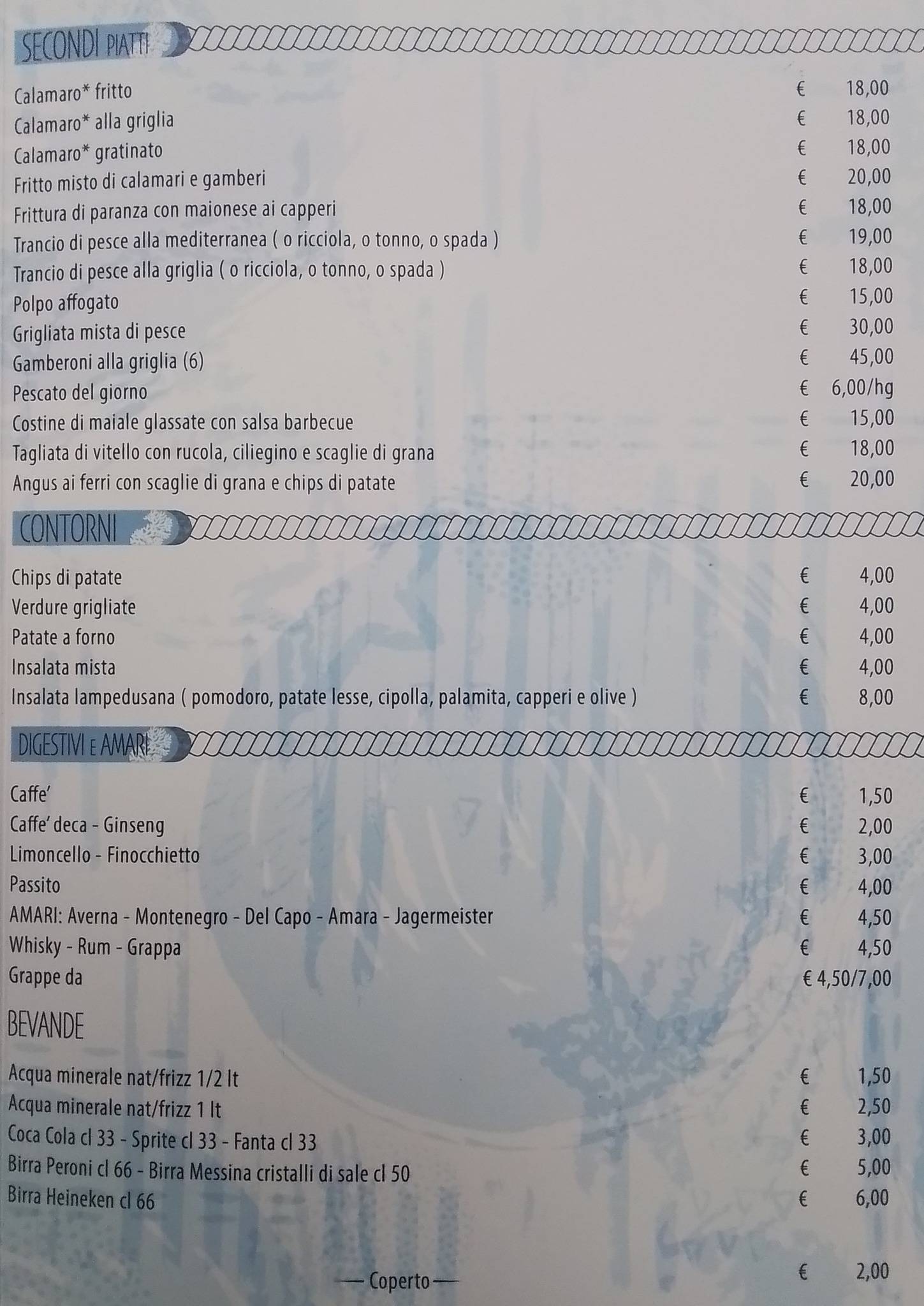 Menu da Corallo Bianco ristorante, Lampedusa