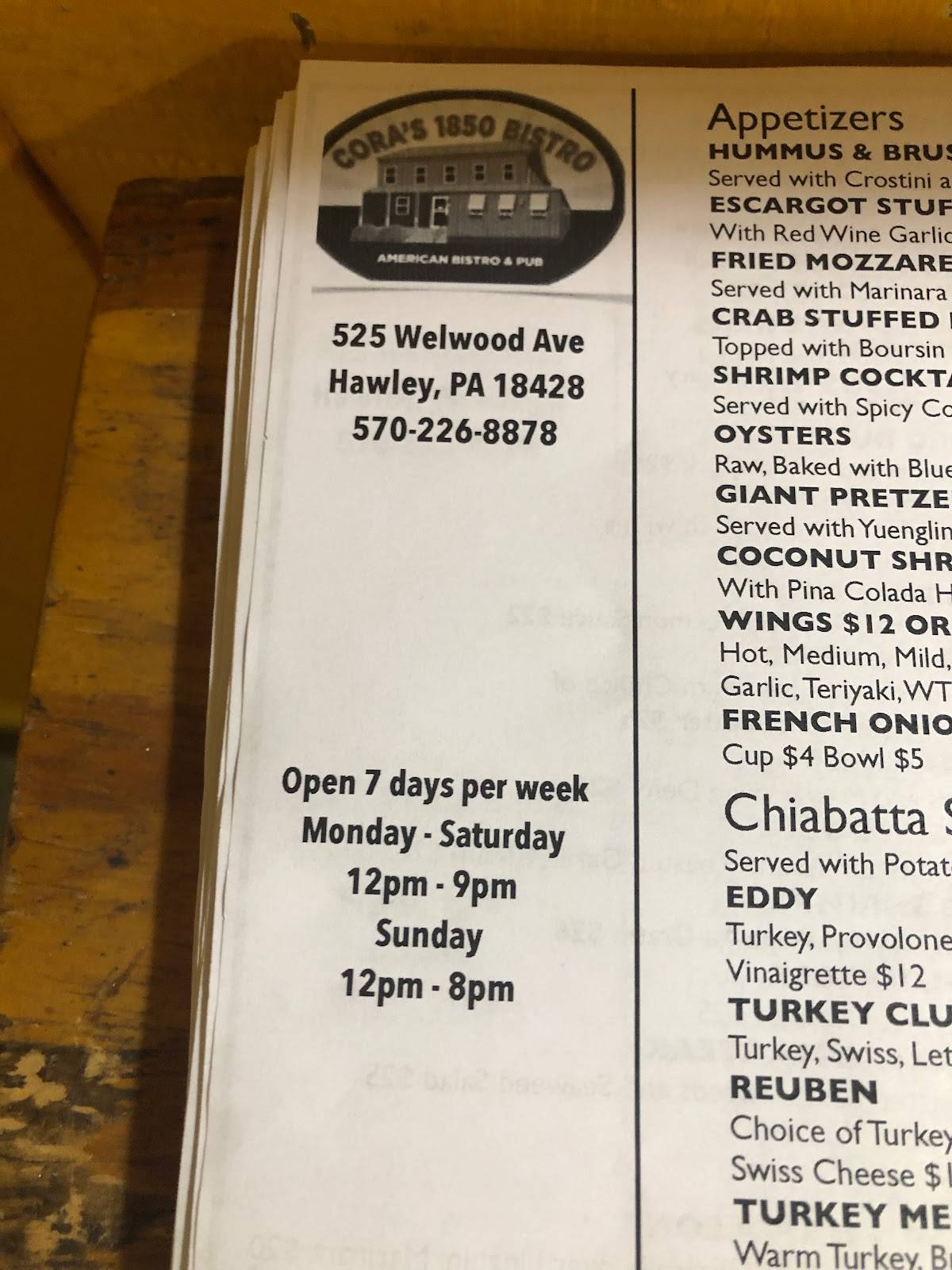 Menu at Cora's 1850 Bistro restaurant, Hawley, 525 Welwood Ave