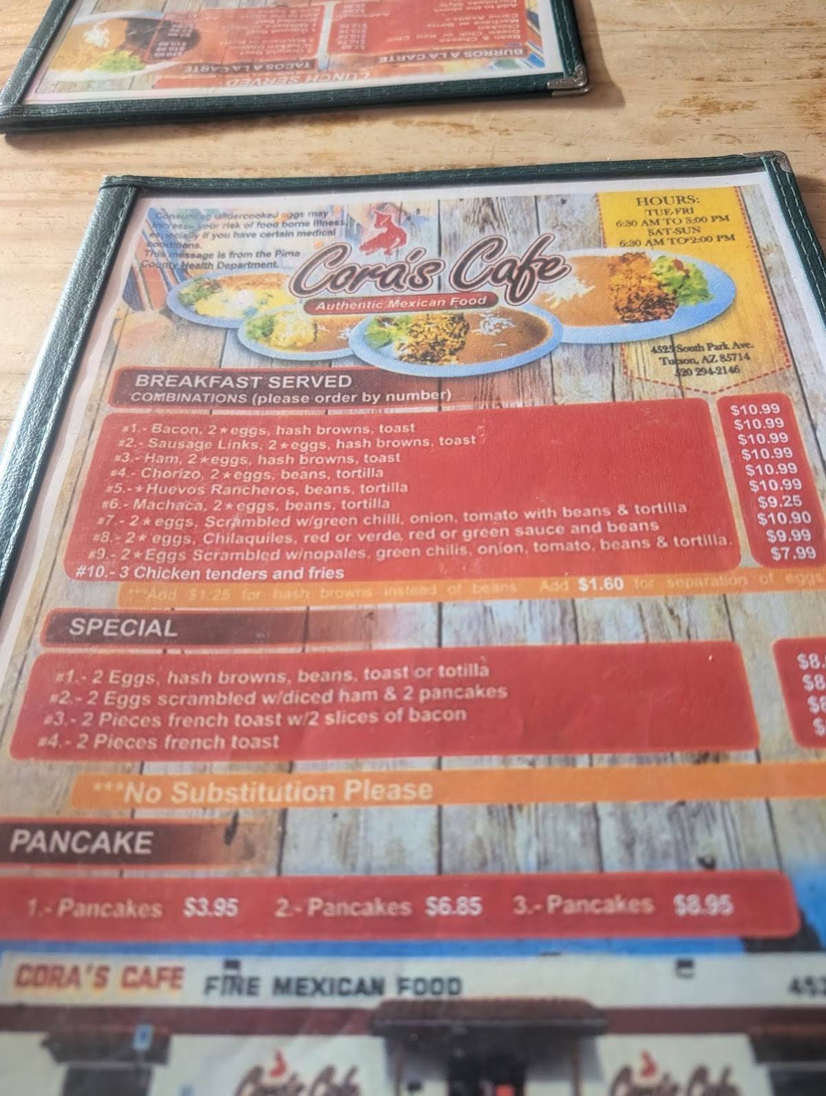 Menu at Cora's Cafe, Tucson, S Park Ave