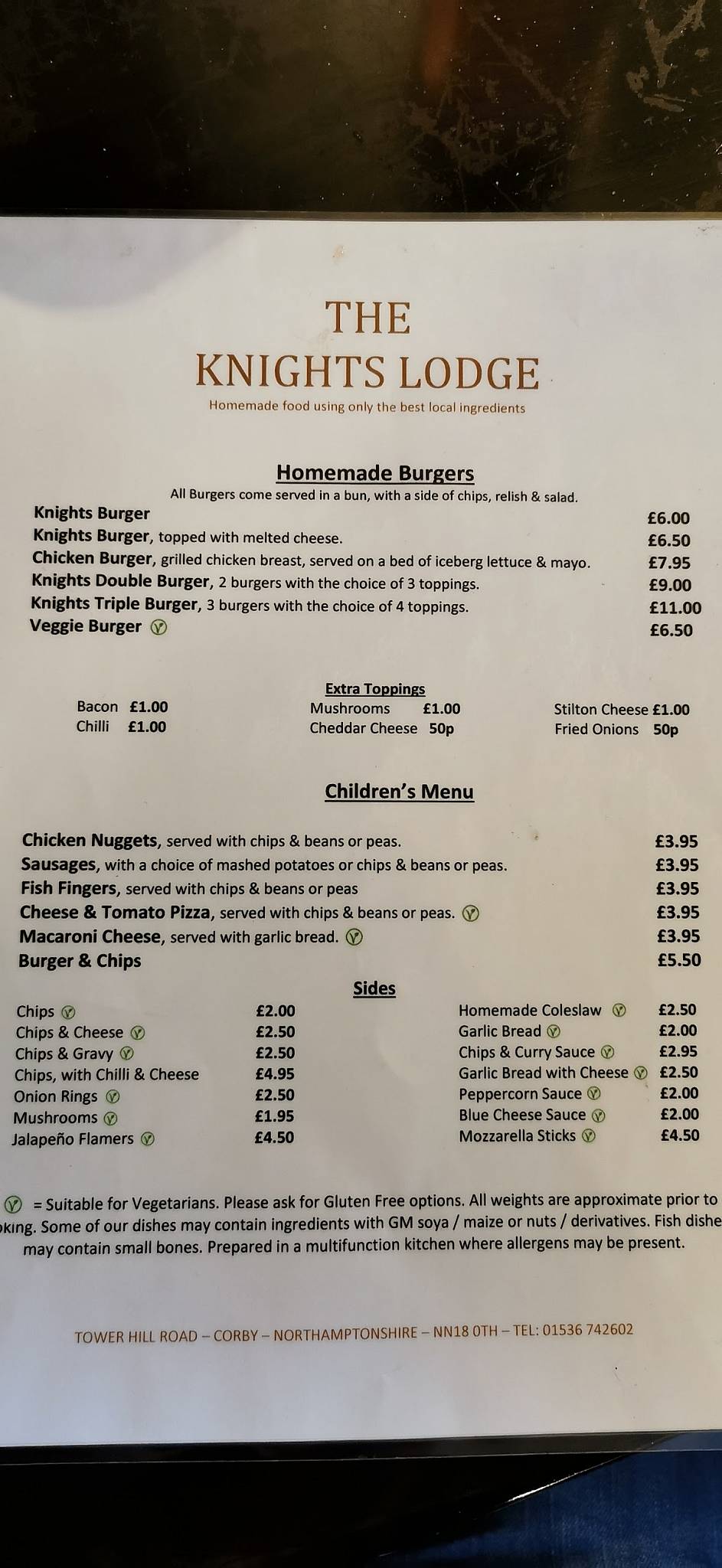 Menu at Knights Lodge pub & bar, Corby, 8 Tower Hill Rd