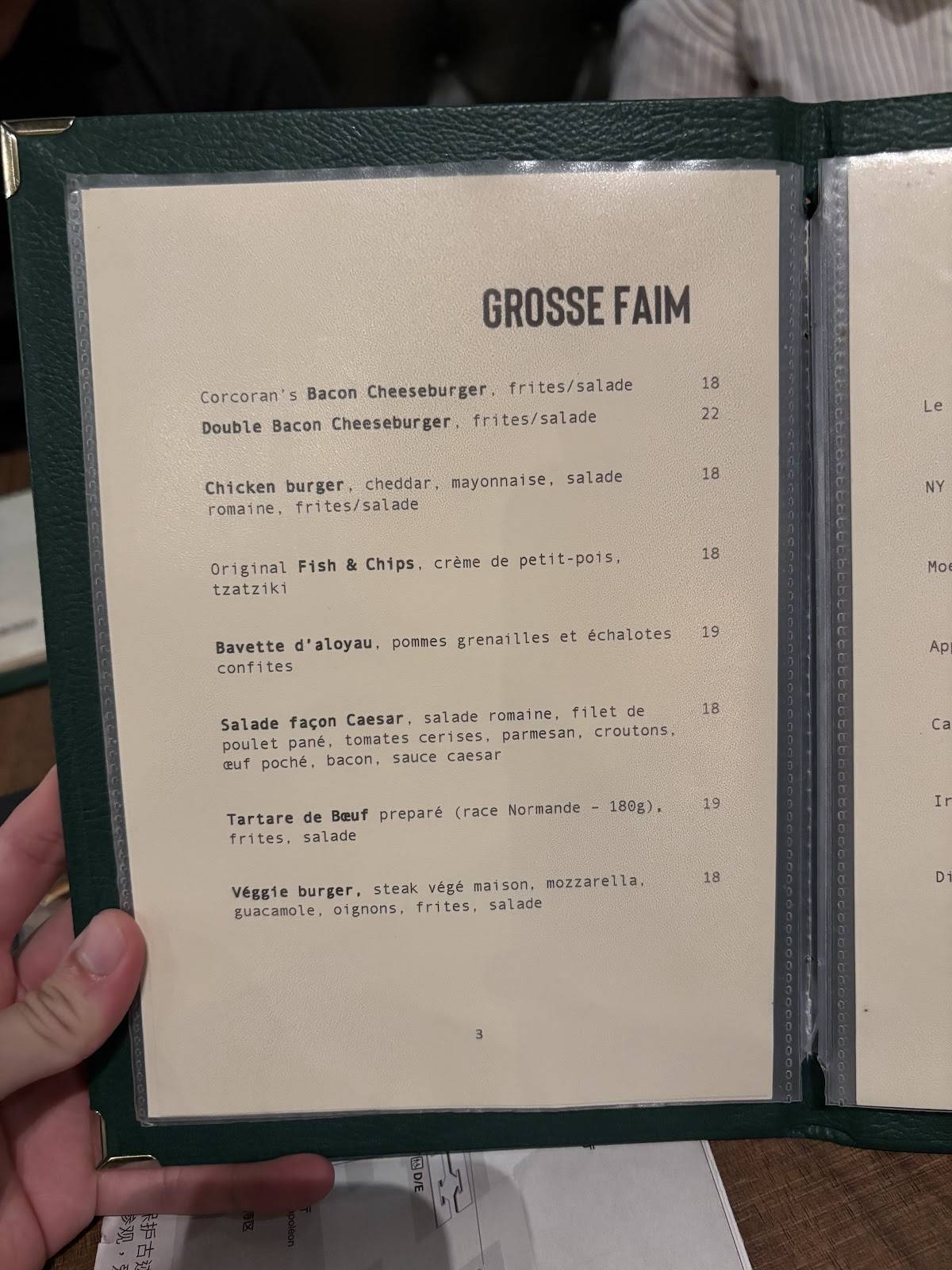 Menu au Corcoran's La Défense restaurant, Nanterre