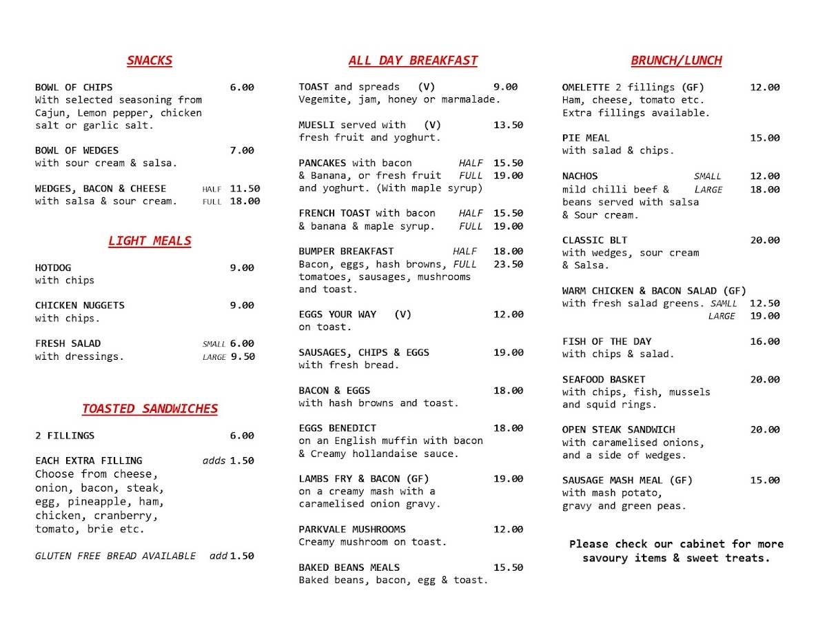 Menu at Corner Cafe, Greytown