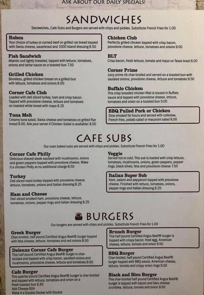 Menu at Corner Cafe Restaurant, Delaware