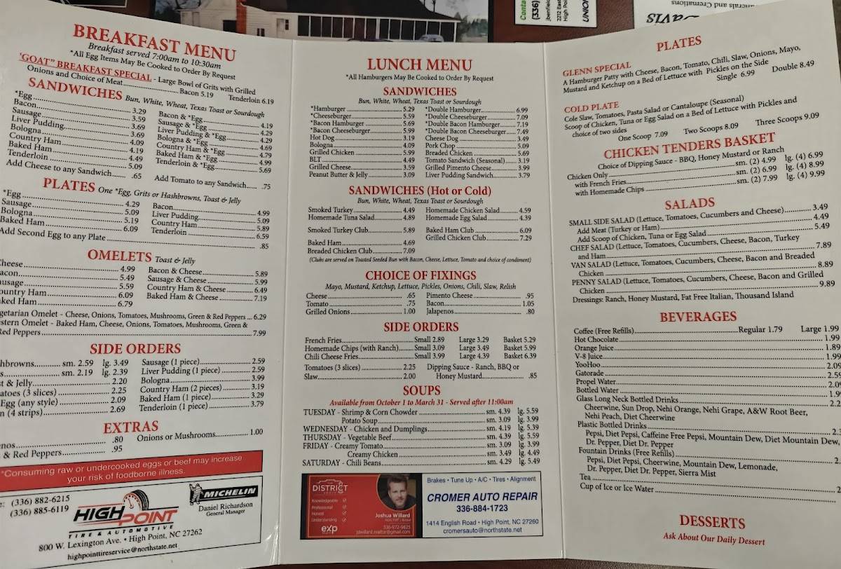 Menu at Corner Grill restaurant, High Point