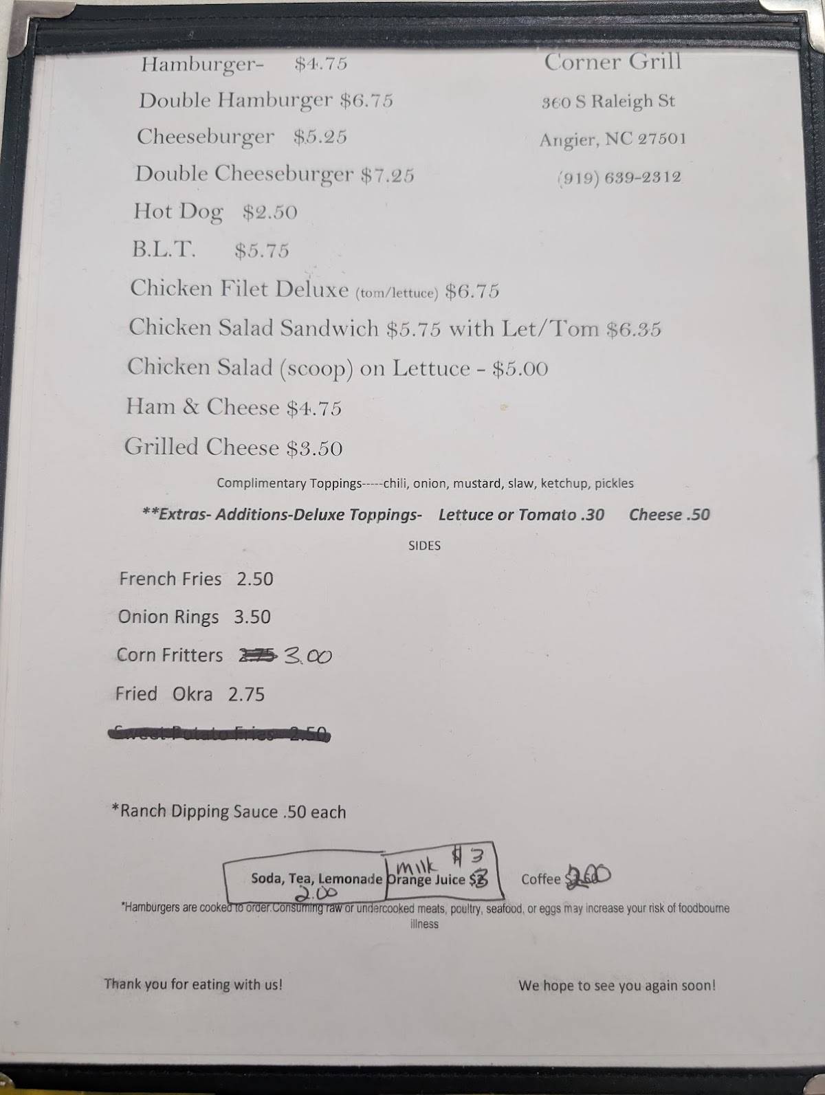 Menu at Corner Grill restaurant, Angier