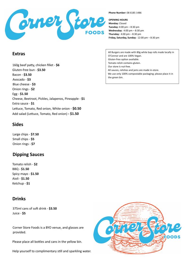 Menu at Corner Store Foods restaurant, Attadale