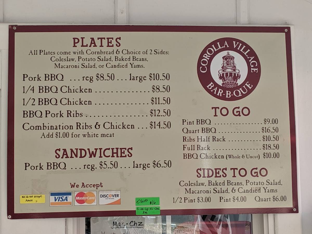 Menu at Corolla Village Barbecue, Corolla
