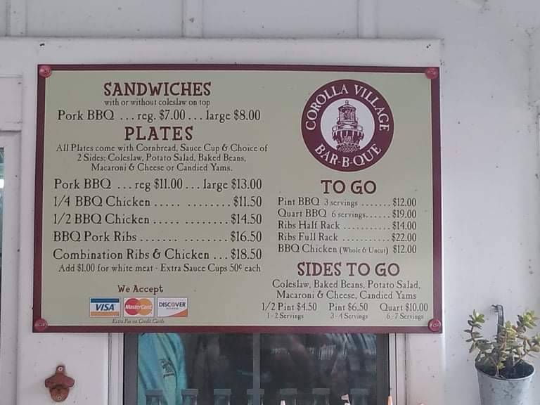 Menu at Corolla Village Barbecue, Corolla
