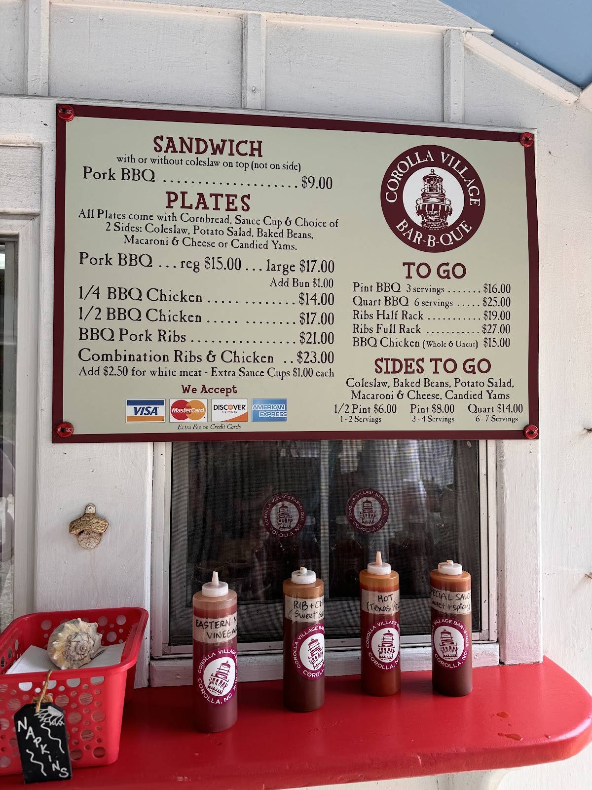 Menu at Corolla Village Barbecue, Corolla