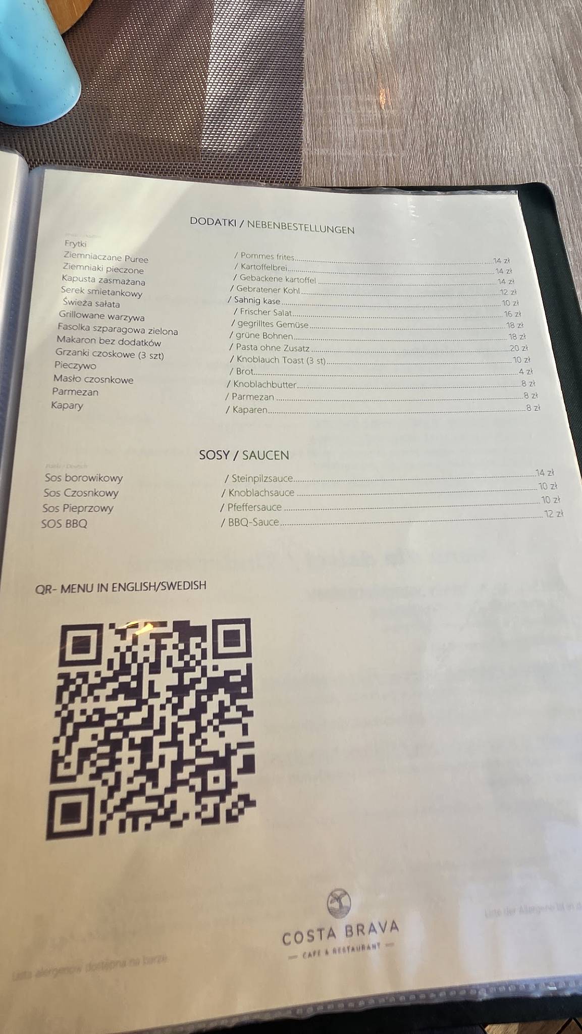 Menu at Costa Brava restaurant, Swinoujscie