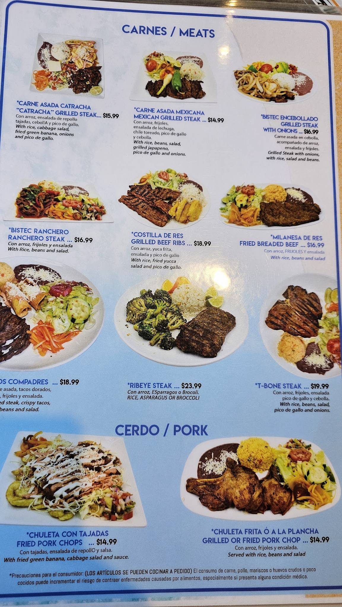 Menu at Costa del Sol restaurant, Louisville