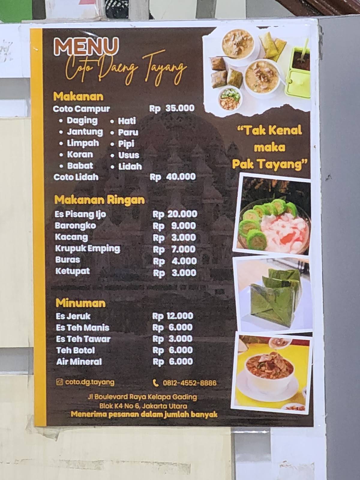 Menu at Coto Daeng Tayang Kelapa Gading restaurant, North Jakarta