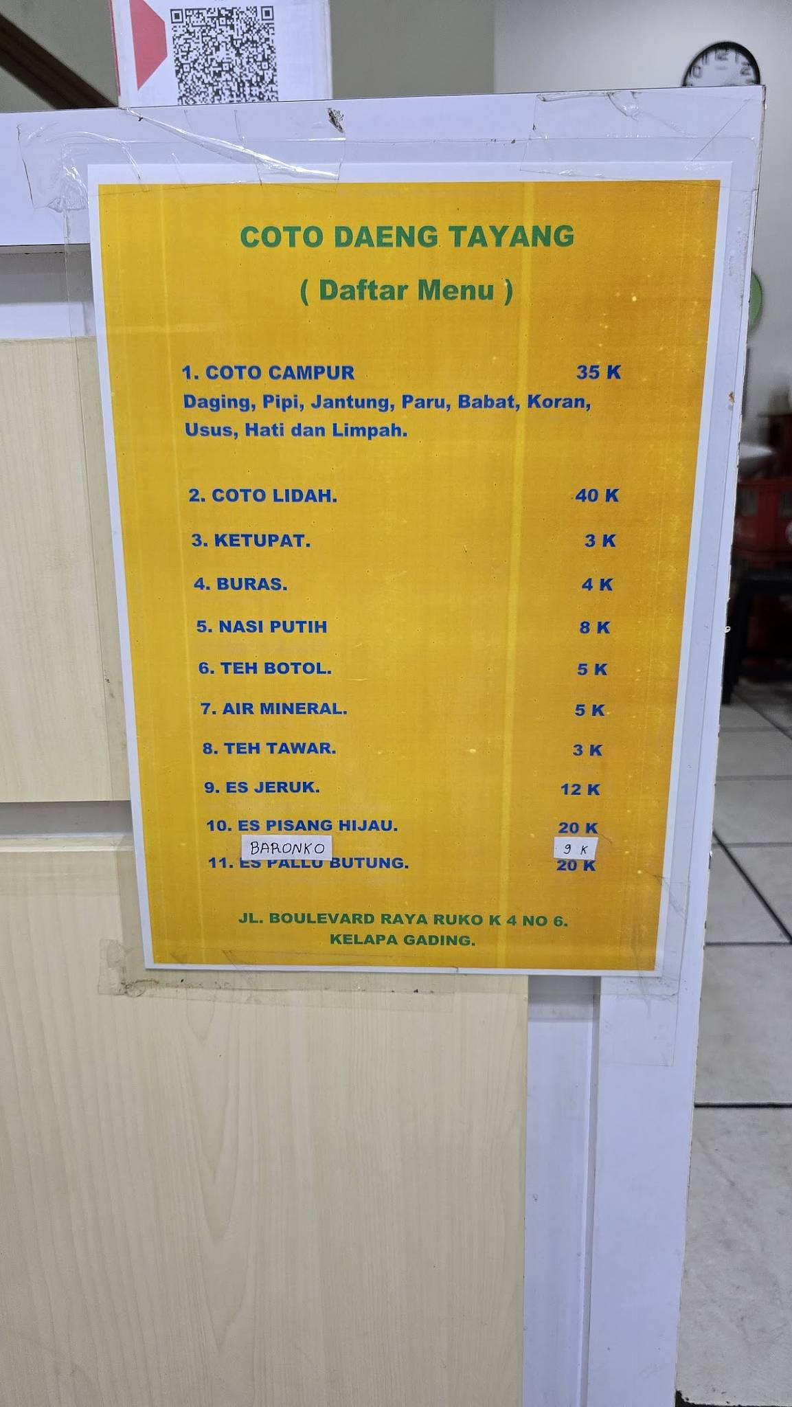 Menu at Coto Daeng Tayang Kelapa Gading restaurant, North Jakarta