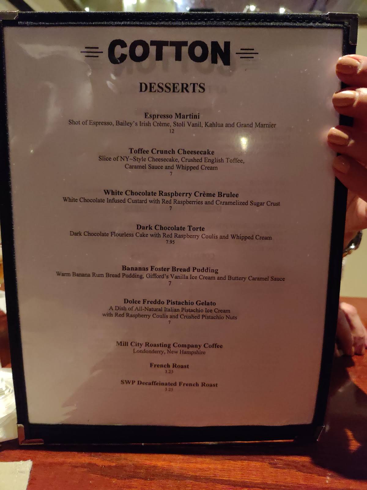 Menu at Cotton Restaurant, Manchester