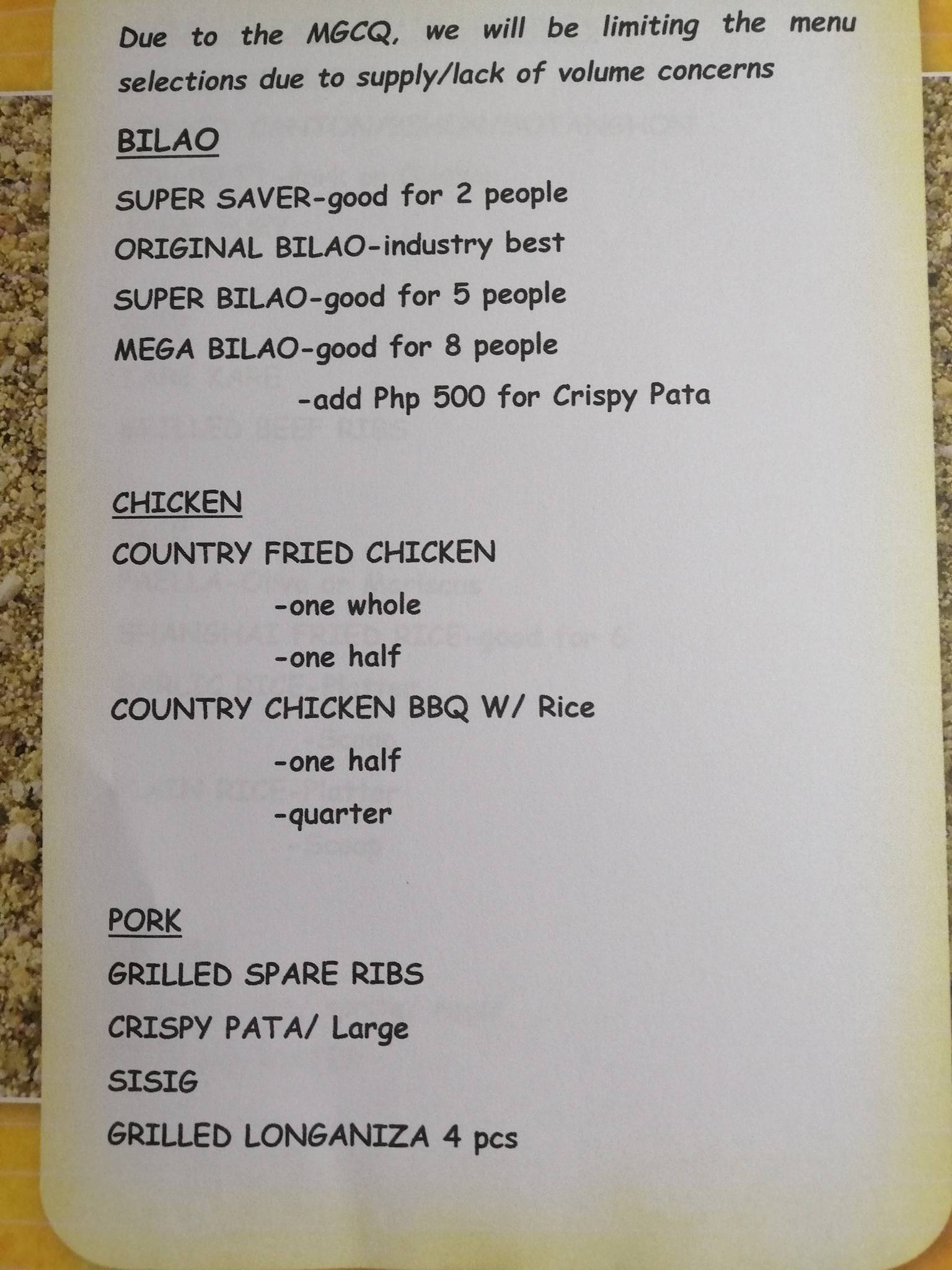 Menu at Country Chicken restaurant, Zamboanga