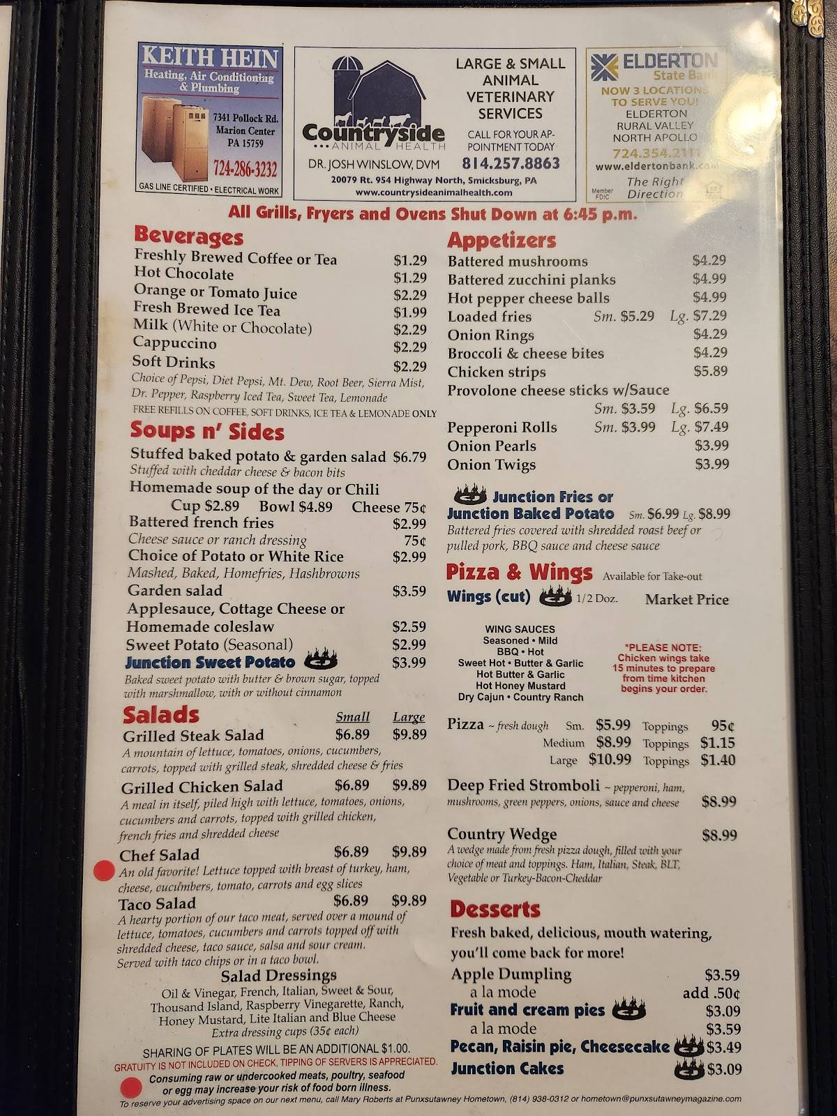 Menu at Country Junction II restaurant, Smicksburg