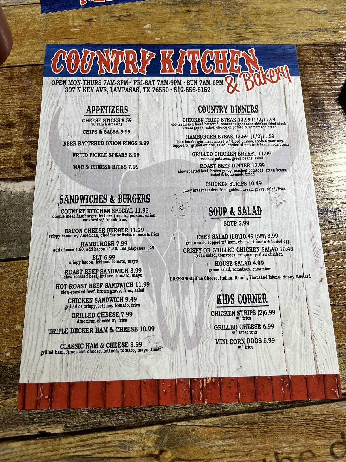 Menu at Country Kitchen and Bakery, Lampasas