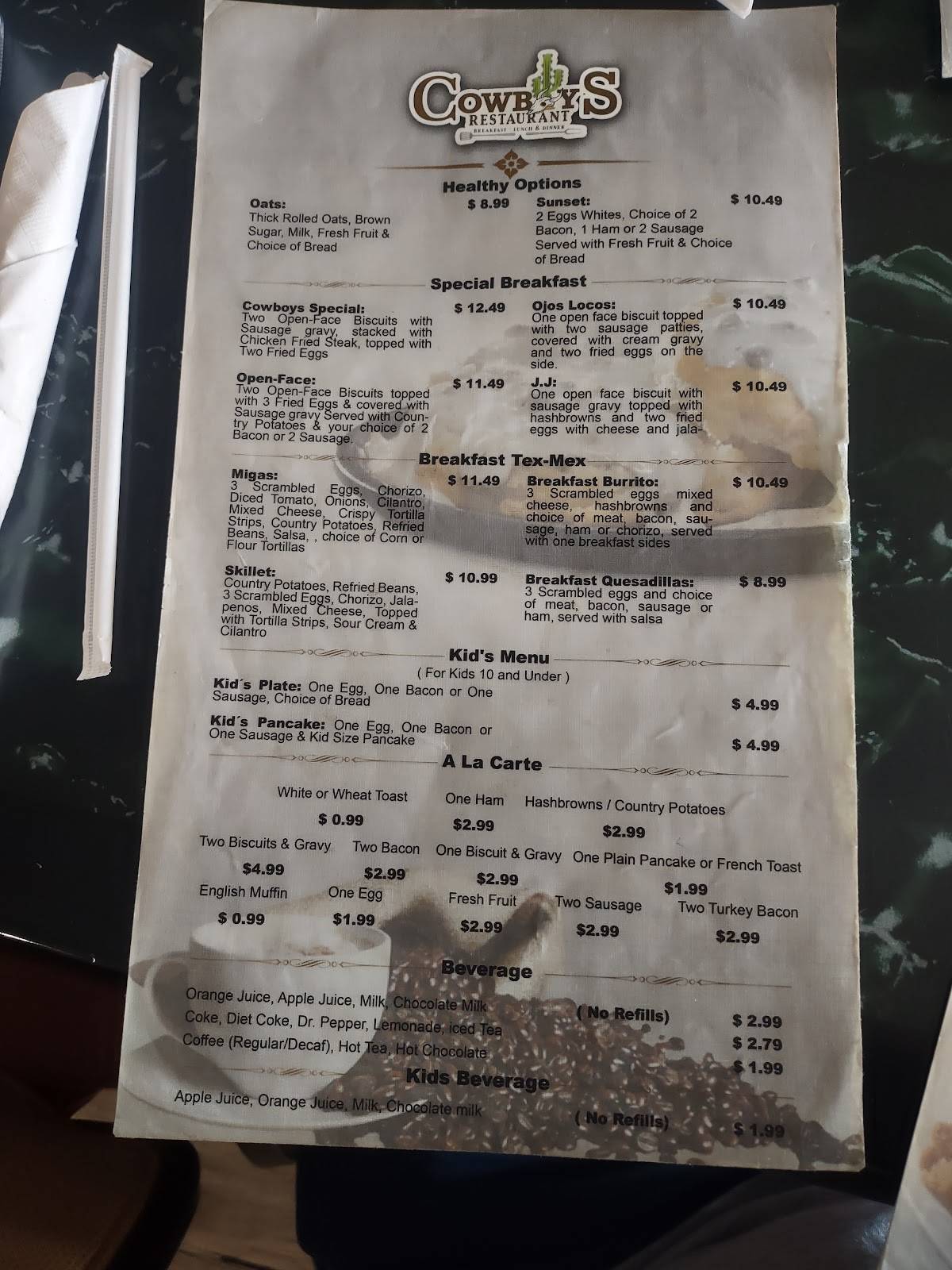 Menu at Cowboys Restaurant, Krum