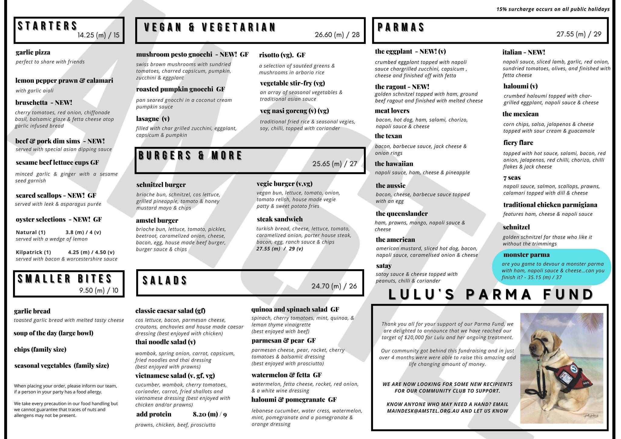 Menu at Amstel Club, Cranbourne