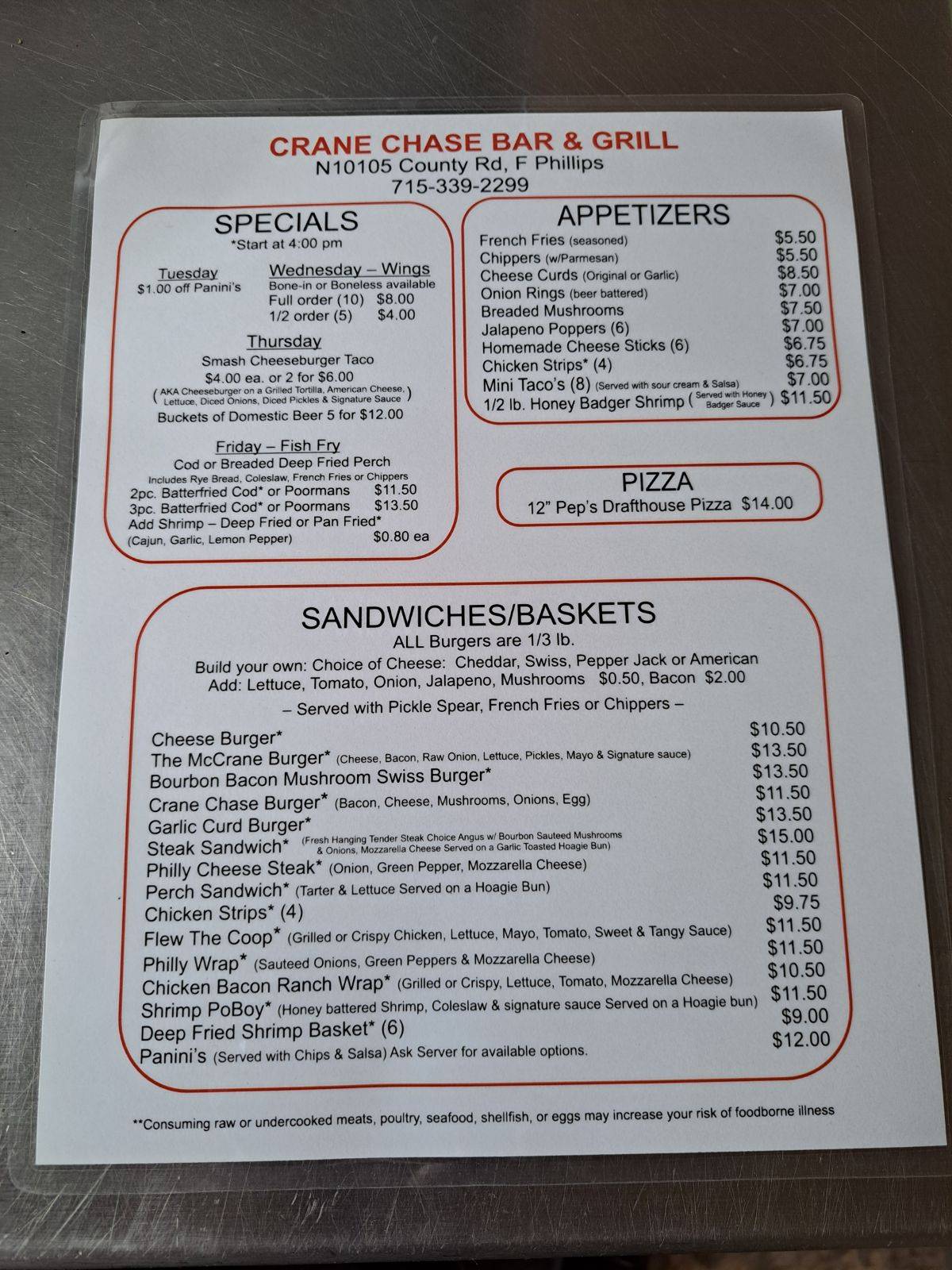 Menu at Crane Chase Bar and Grill, USA