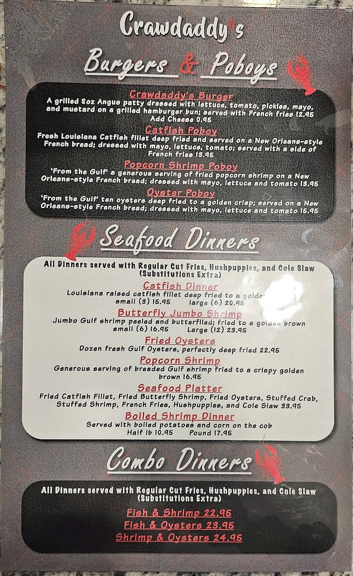 Menu at Crawdaddy's restaurant, Vidalia