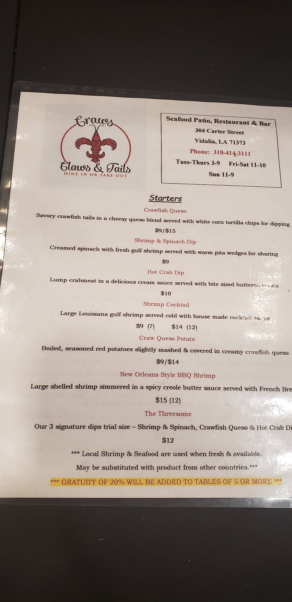 Menu at Craws, Claws & Tails Restaurant Patio, Bar & Market, Vidalia