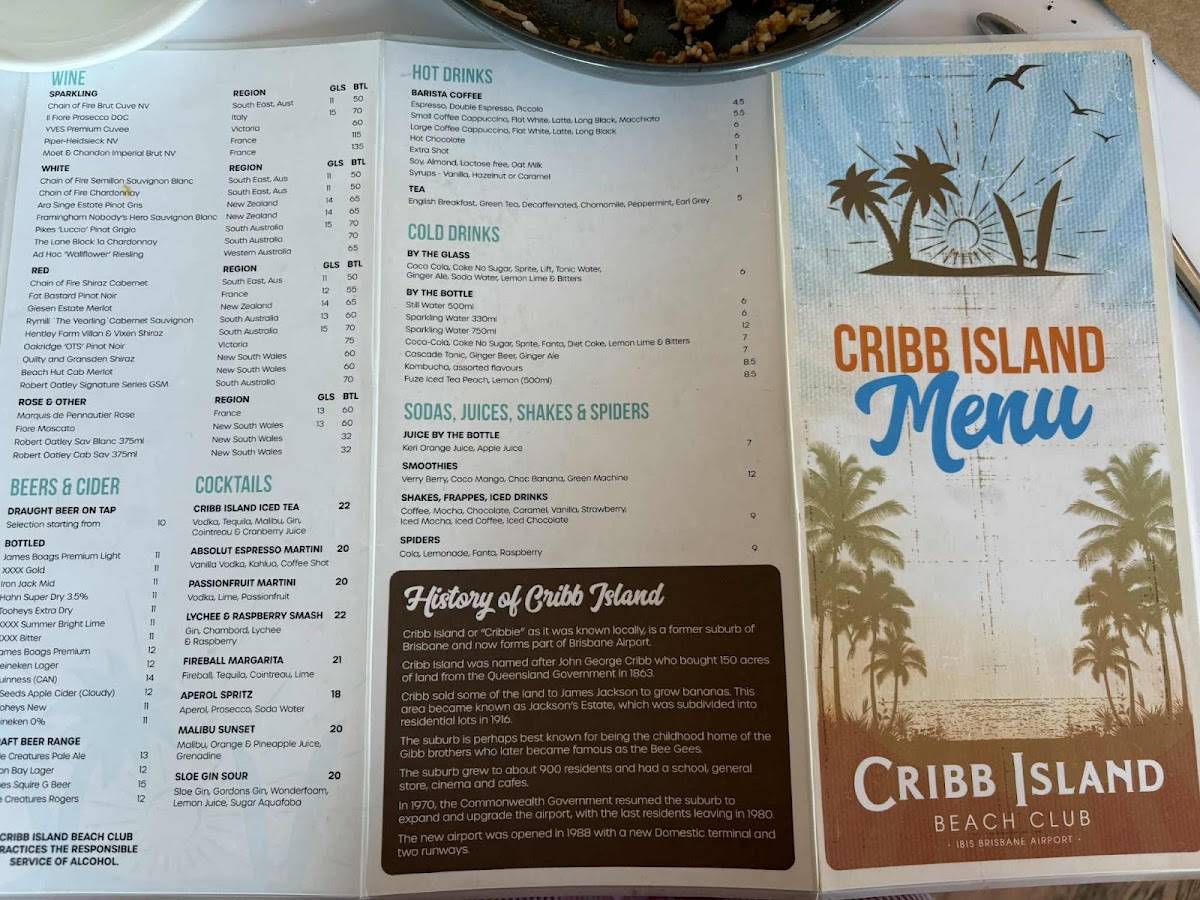 Menu at Cribb Island Beach Club, Brisbane Airport