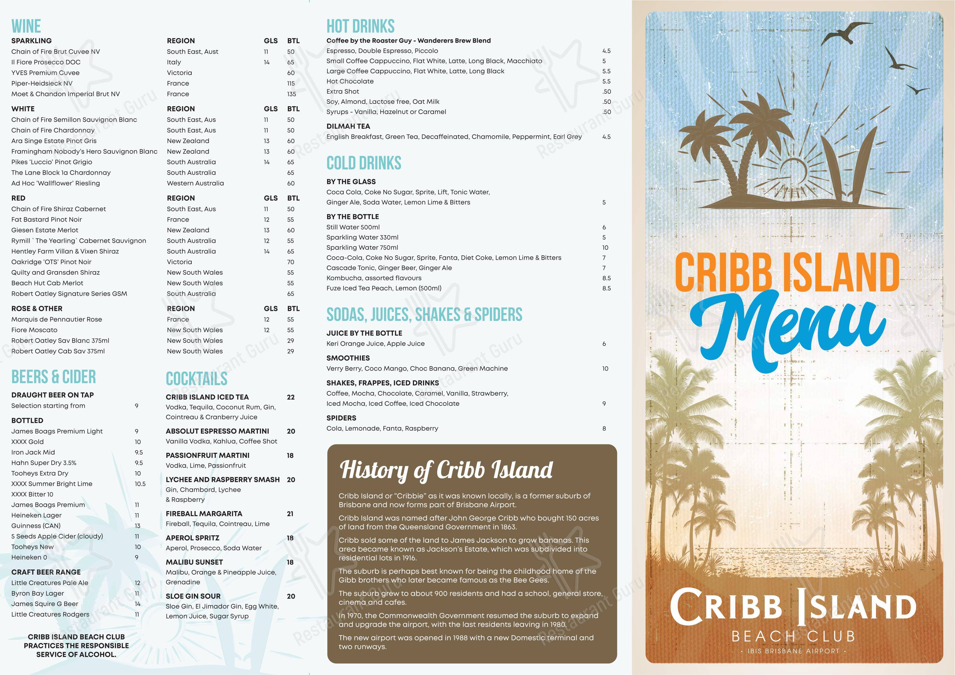 Menu at Cribb Island Beach Club, Brisbane Airport