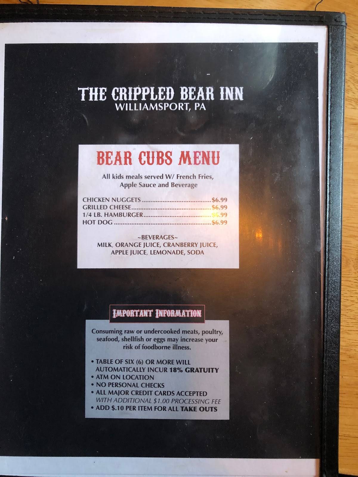 Menu at Crippled Bear Inn pub & bar, Williamsport, Lycoming Creek Rd