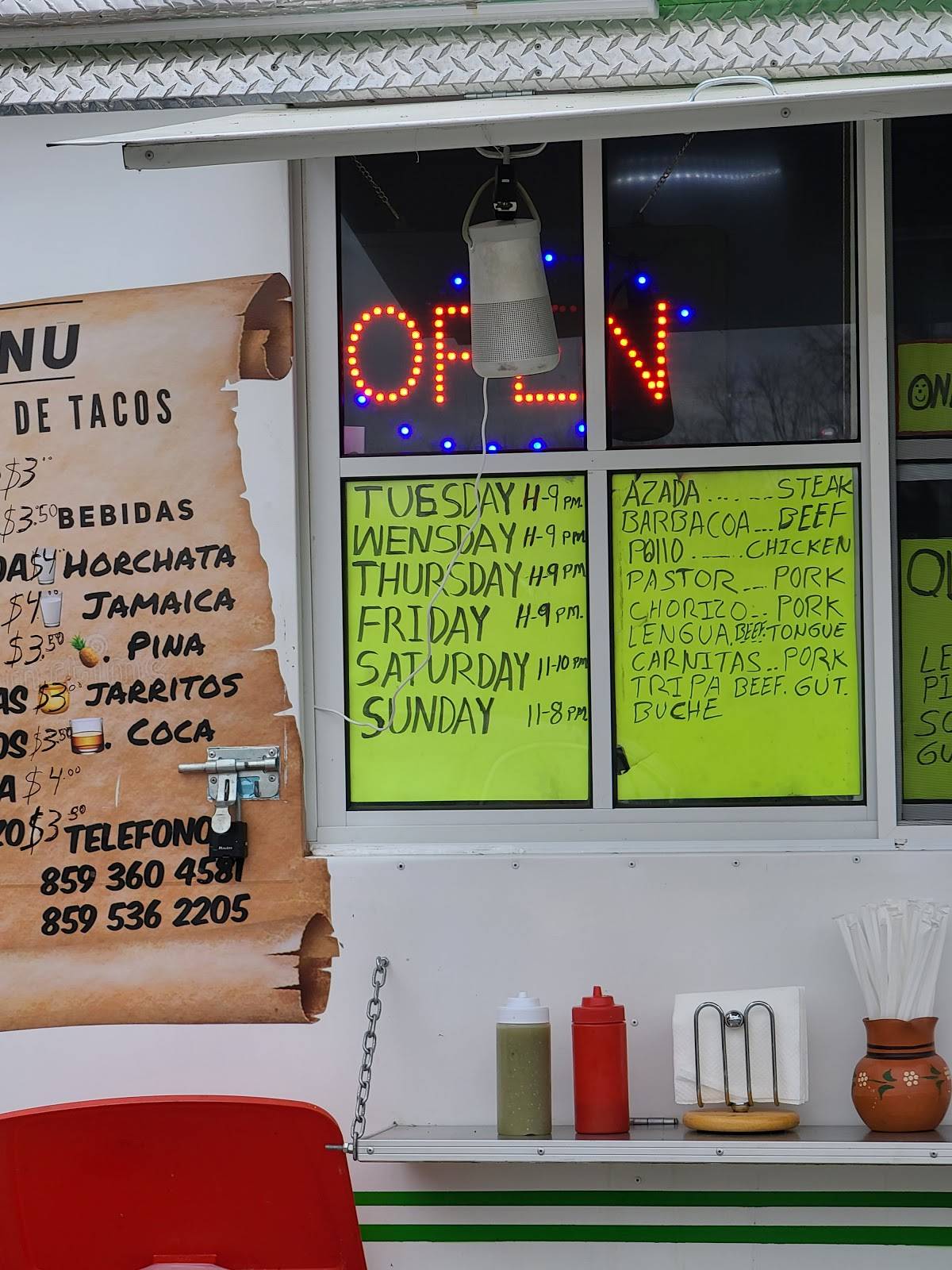 Menu at Tacos Los Compadres restaurant, Crittenden